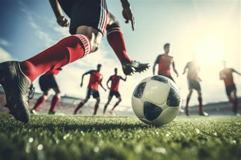 Premium Photo Closeup Of Soccer Players Kicking Football Ai Generated