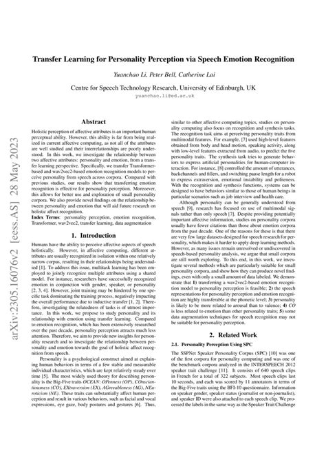 Transfer Learning For Personality Perception Via Speech Emotion Recognition DeepAI