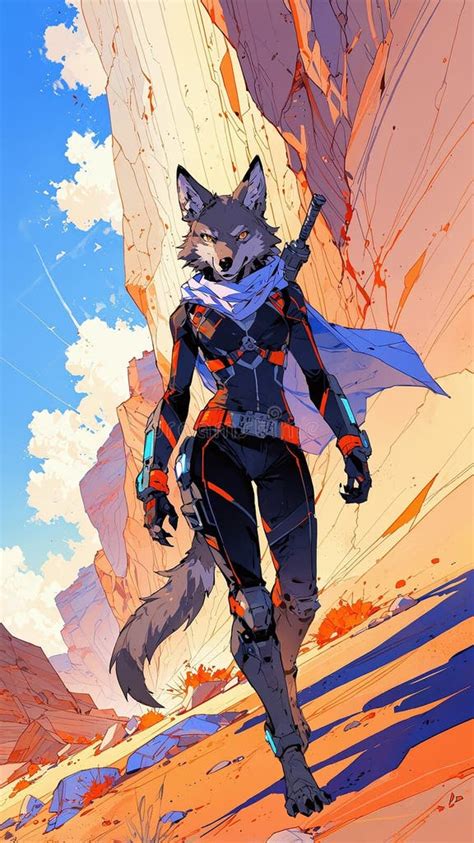 Anime Wolf Bounty Hunter Tracking A Target In A Futuristic Desert