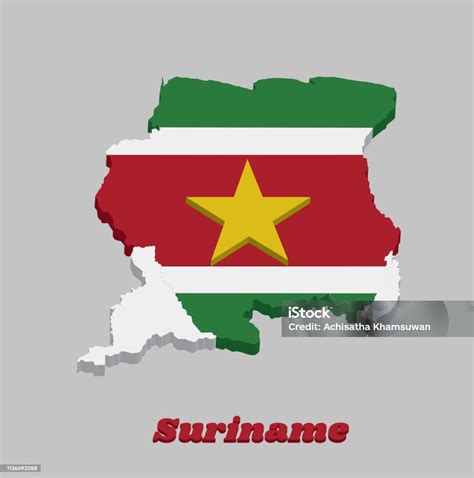 3d 지도 개요 및 수리남의 국기입니다 빨간색 밴드를 중심으로 한 커다란 노란색 별이 있는 커다란 흰색 테두리가 있는 녹색 및 빨간색의 수평 트라이 밴드 0명에 대한 스톡