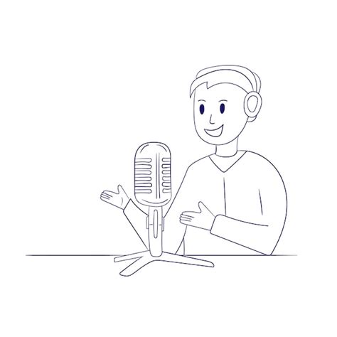청중과 이야기하는 행복한 팟캐스터 남자 캐릭터 전문 팟캐스터 프리미엄 벡터