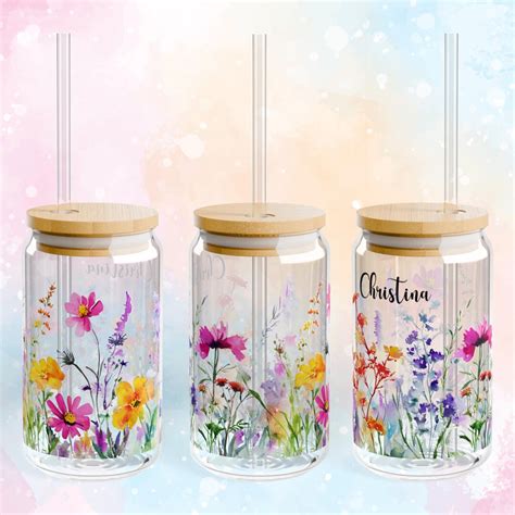 Personalized Watercolor Wildflowers Sipper Glass 16oz Glass Tumbler Cup