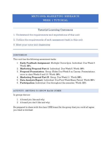 Week 1 Tutorial Mktg1002 Marketing Research Week 1 Tutorial Tutorial