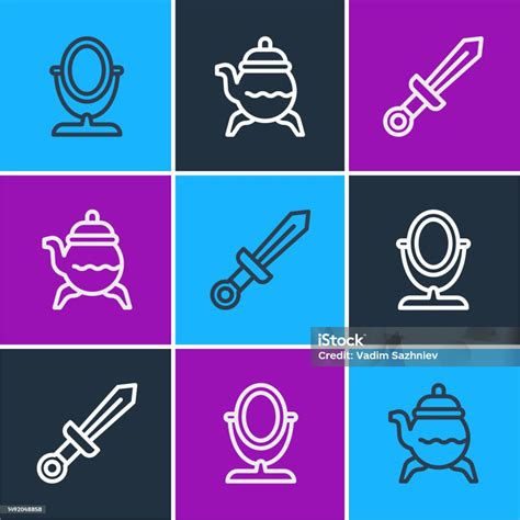 세트 라인 라운드 메이크업 거울 중세 검 및 클래식 찻주전자 아이콘 벡터 강철에 대한 스톡 벡터 아트 및 기타 이미지 강철 개인 장식품 고풍스런 Istock