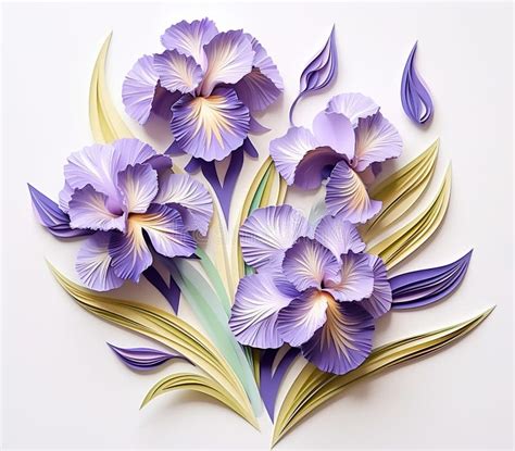 Irises In The Style Of 3d Paper Flowers Pastel Retro Colors White