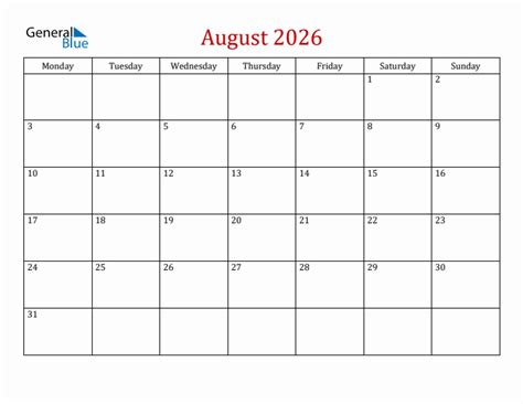 August 2026 Monday Start Calendar Pdf Excel Word