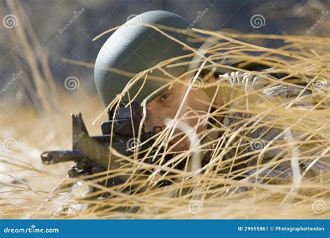 Soldier In Grass Aiming With Rifle Stock Image Image Of Ammunition