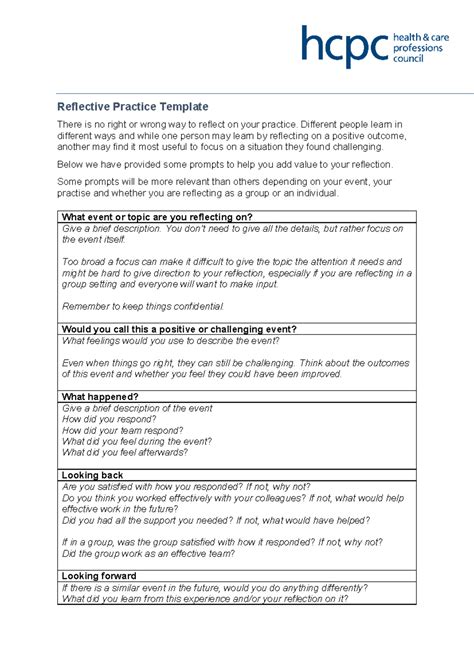 Reflective Practice Template For HCPC Professionals Studocu