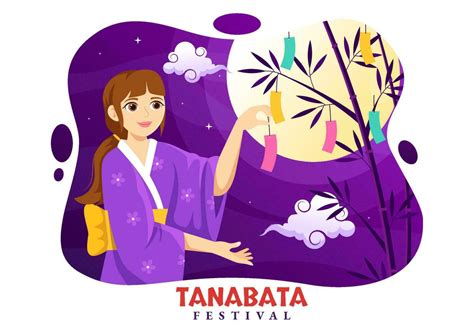 Tanabata Festival Vector Illustration With People Wearing Kimono And