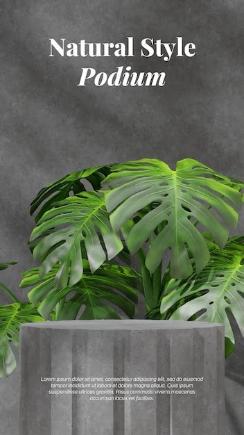 Подиум с бетонной текстурой на портрете с растением монстера деликатесная 3d макет шаблона