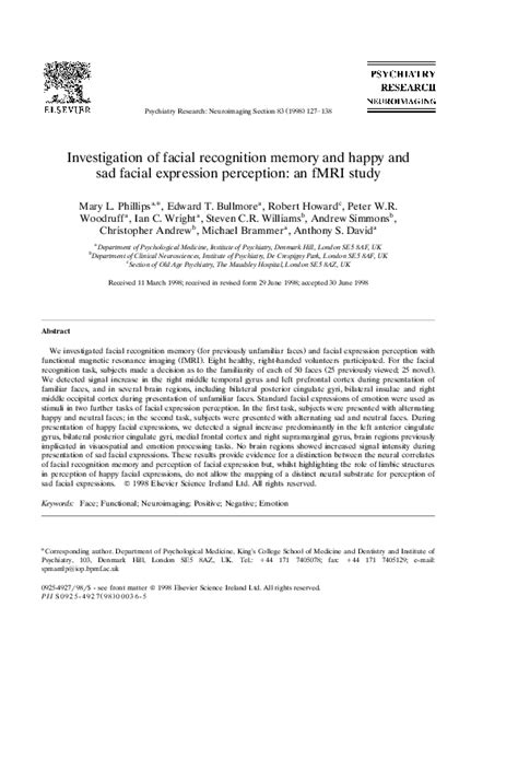 Pdf Investigation Of Facial Recognition Memory And Happy And Sad Facial Expression Perception