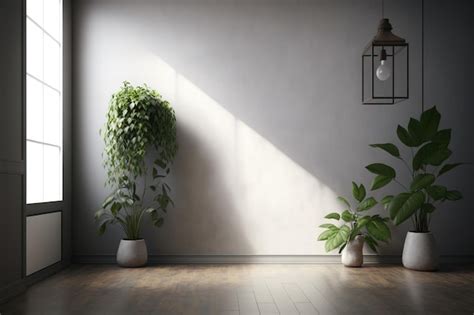 Empty Room Interior Background Gray Stucco Wall And Beige Parquet Wooden Floor Pot With Plant
