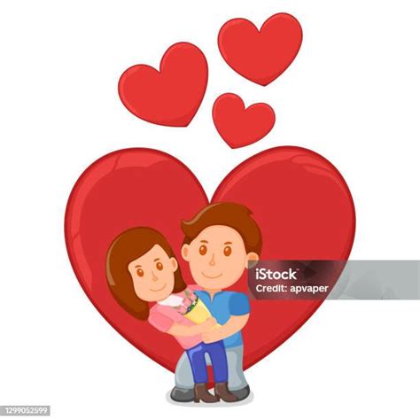 사랑스러운 로맨틱 한 커플 서 포옹과 선물 선물 봄 발렌타인 데이 데이트 연인 쌍 만화 벡터 일러스트 흰색에 고립 개념에 대한