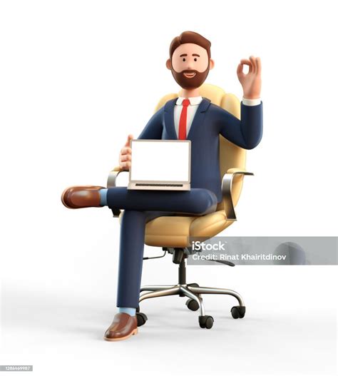 빈 화면 노트북 컴퓨터와 확인 제스처를 보여주는 행복한 미소 사업가의 3d 그림 만화 수염 남자는 괜찮은 기호 사무실에서 일하고 롤러 안락 의자에 앉아 3차원 형태에 대한