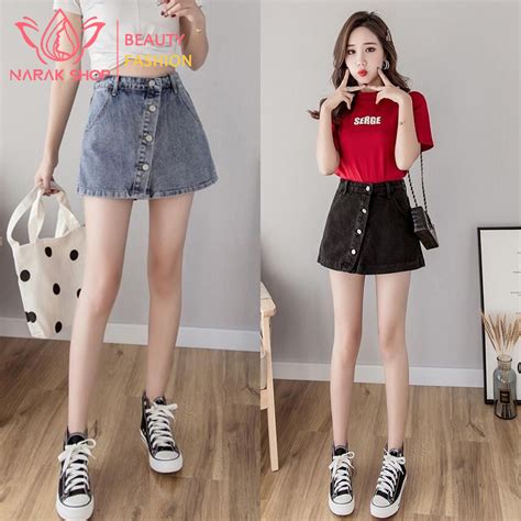 กางเกงยีนส์ขาสั้น เอวสูง สไตล์เกาหลี กางเกงกระโปรงน่ารักๆ ดีไซน์ตกแต่งกระดุมแถวหน้า กางเกงแฟชั่น