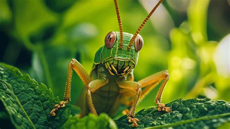 Green Grasshopper Is Standing On A Leaf The Grasshopper Is Looking At