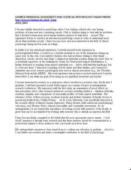 Psychology Graduate School Personal Statement Example