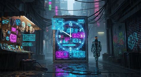 Futuristic Cyberpunk Alley With Glowing Clock And Neon Clad Figure