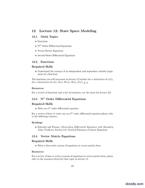 State Space Modeling Contents Control Systems Theory And Automation Control Handout Docsity