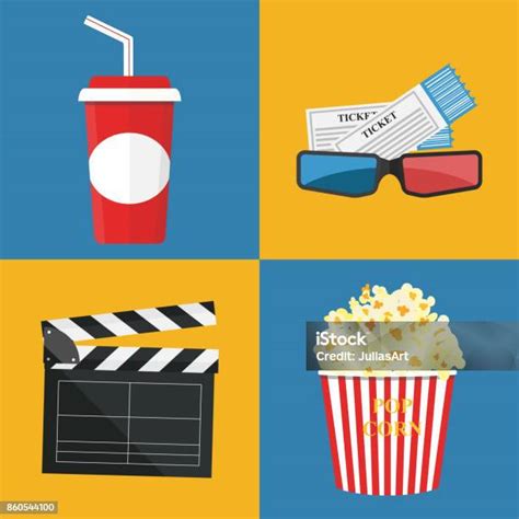 벡터 일러스트입니다 팝콘과 음료 필름 스트립 테두리입니다 평면 디자인 스타일에 시네마 영화 밤 아이콘입니다 밝은 배경 0명에 대한 스톡 벡터 아트 및 기타 이미지 Istock