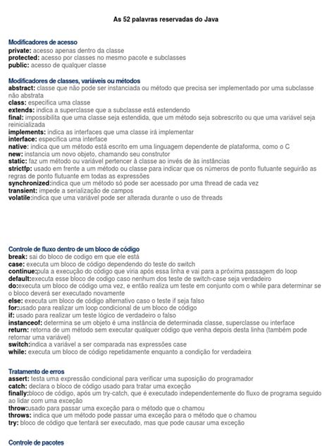 As 52 Palavras Reservadas Do Java Pdf Classe Programação De Computadores Método