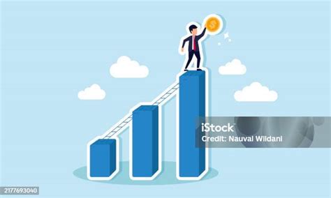 한 사업가가 달러 동전을 들고 그래프의 꼭대기에 서 있는데 이는 사업 이익을 달성하기 위한 기업가의 투쟁을 보여줍니다 개발에 대한 스톡 벡터 아트 및 기타 이미지 Istock