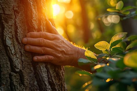 Le Mani Di Un Uomo Che Toccano Un Gambo Di Albero Vista Ravvicinata