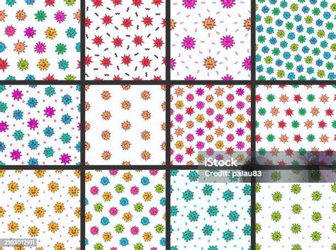 바이러스 Kawaii 원활한 패턴 세균 감염과 미생물의 귀여운 만화 캐릭터 손으로 그린 스타일입니다 벡터 그리기 벡터 그리기 디자인 장식품 컬렉션 가공의 인물에 대한 스톡