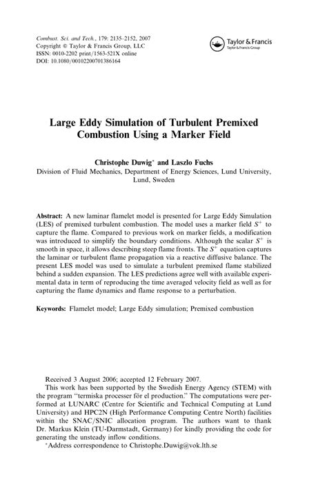 Pdf Large Eddy Simulation Of Turbulent Premixed Combustion Using A Marker Field