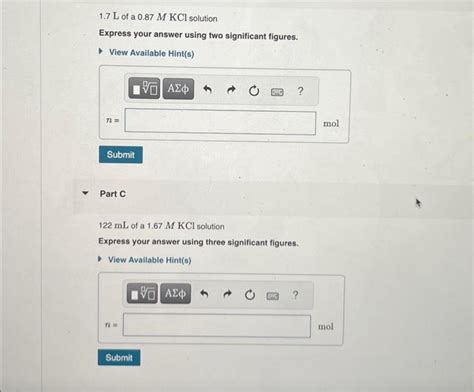 Solved 1 7 L Of A 0 87 M KCl Solution Express Your Answer Chegg Com