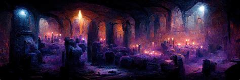 횃불이 있는 무서운 끝없는 중세 지하 묘지 신비로운 악몽 3d 렌더링 디지털 페인팅 프리미엄 사진