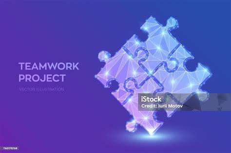 팀웍 퍼즐 요소 팀 은유 팀워크 협력 파트너십 협회 및 연결의 상징 낮은 다각형 퍼즐 조각 연결의 비즈니스 개념입니다 벡터 일러스트레이션 벡터에 대한 스톡 벡터 아트 및