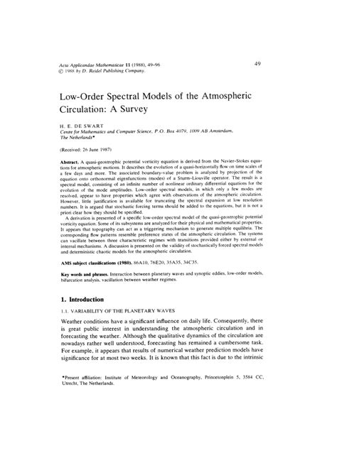 Pdf Low Order Spectral Models Of The Atmospheric Circulation A Survey