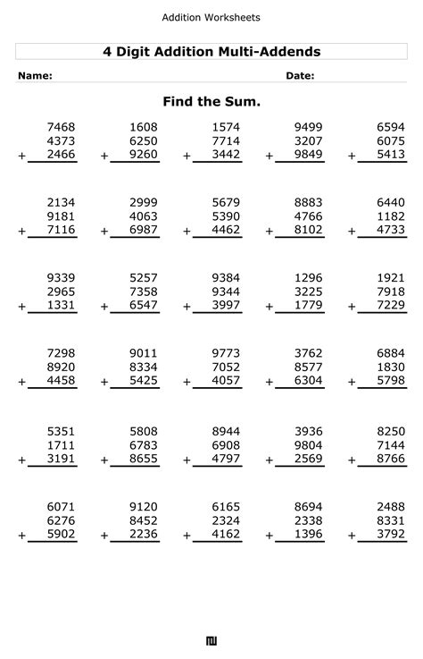 4 digit addition multi addends multi addends 4 digit numbers adding