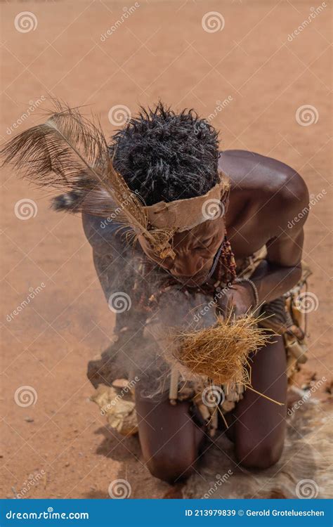 Damara Men In Traditional Clothes Demonstrating Traditional Fire Making Methods Damara Living