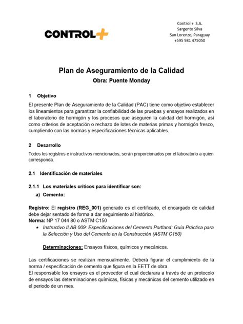 Rev Version 4 Plan De Aseguramiento De La Calidad Pdf Hormigón Cemento