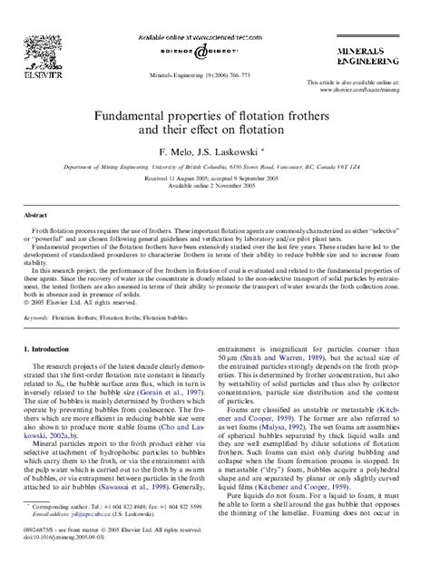 Pdf Fundamental Properties Of Flotation Frothers And Their Effect On Flotation