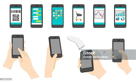 다양한 응용 프로그램 화면과 손 작동 스마트 폰을 표시하는 스마트 폰의 일러스트 세트 바코드에 대한 스톡 벡터 아트 및 기타