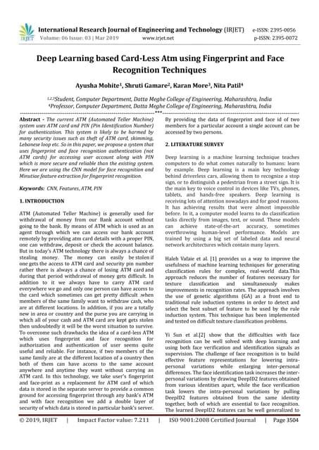 Irjet Deep Learning Based Card Less Atm Using Fingerprint And Face Recognition Techniques Pdf