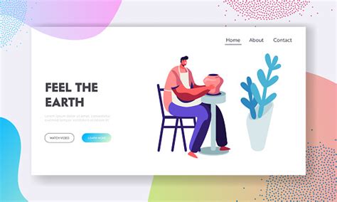 회전 하는 바퀴 공구 및 원시 내 화 점토 도자기 작업장 도자기 예술 개념 웹 사이트 방문 페이지를 가진 새로운 도자기를 조각 하는 남성 캐릭터 웹 페이지 만화 평면 벡터