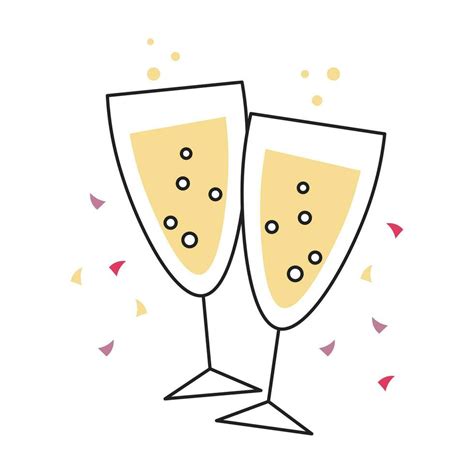 Champagne Glasses With Bubbles And Confetti Festive Flat Illustration