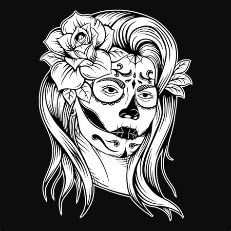 Premium Vector Sugar Skull Girl Muertos Girl Face With Flower Roses