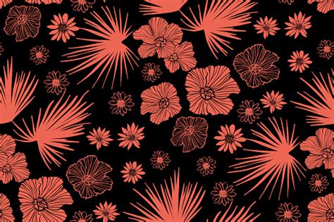 꽃 디자인 원활한 배경 패턴입니다 야자수 잎 히 비 스커 스 꽃 벡터 일러스트 레이 션 손으로 그린 0명에 대한 스톡 벡터 아트 및 기타 이미지 Istock