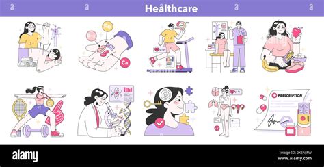 Healthcare Set Diverse Wellness Activities And Medical Check Ups
