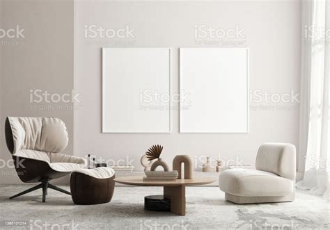 현대적인 인테리어 배경 거실 스칸디나비아 스타일 3d 렌더 3d 일러스트레이션의 포스터 프레임을 모의 거실에 대한 스톡 사진 및