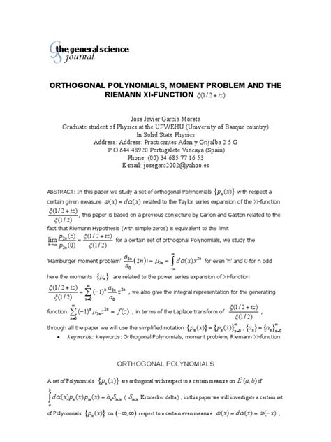 orthogonal polynomilas xi function and riemann hypothesis pdf
