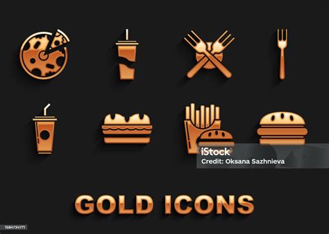 샌드위치 포크 버거 판지 포장 상자에 감자 튀김 밀짚 물을 마시는 종이 유리 교차 포크 피자 및 아이콘을 설정합니다 벡터 감자 요리에 대한 스톡 벡터 아트 및 기타 이미지