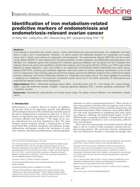 Pdf Identification Of Iron Metabolism Related Predictive Markers Of Endometriosis And