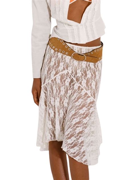 Lamuusaa Women Midi Skirt Low Waist Flower See Through Irregular