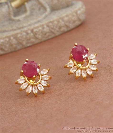 Beautiful Semi Floral Ruby White Stone Gold Studs Shop Online Er3763